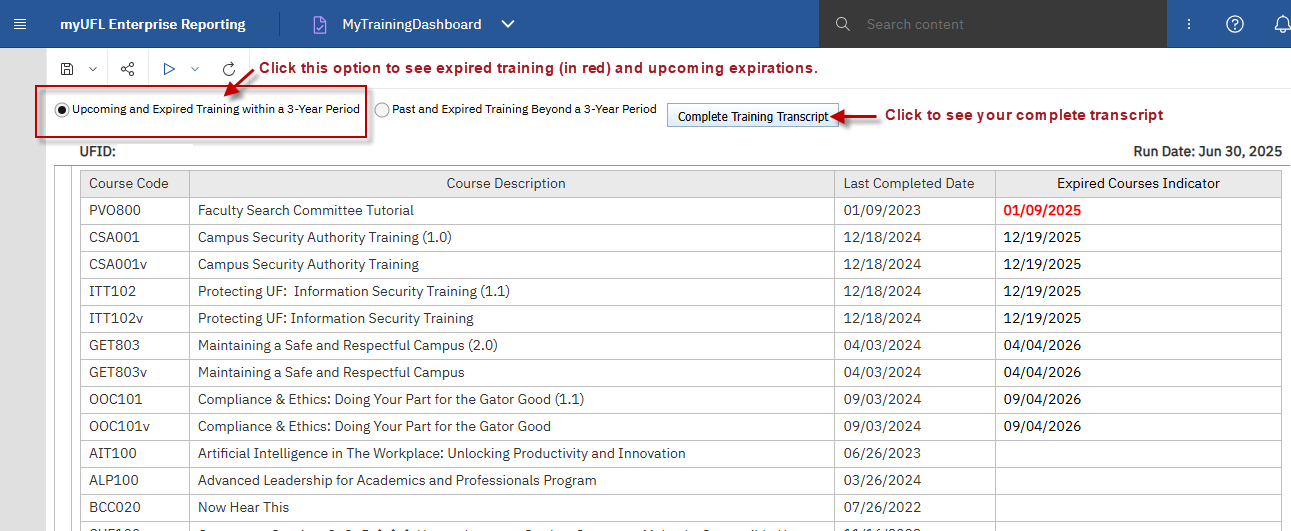 Training transcript now available in ONE.UF – UF At Work